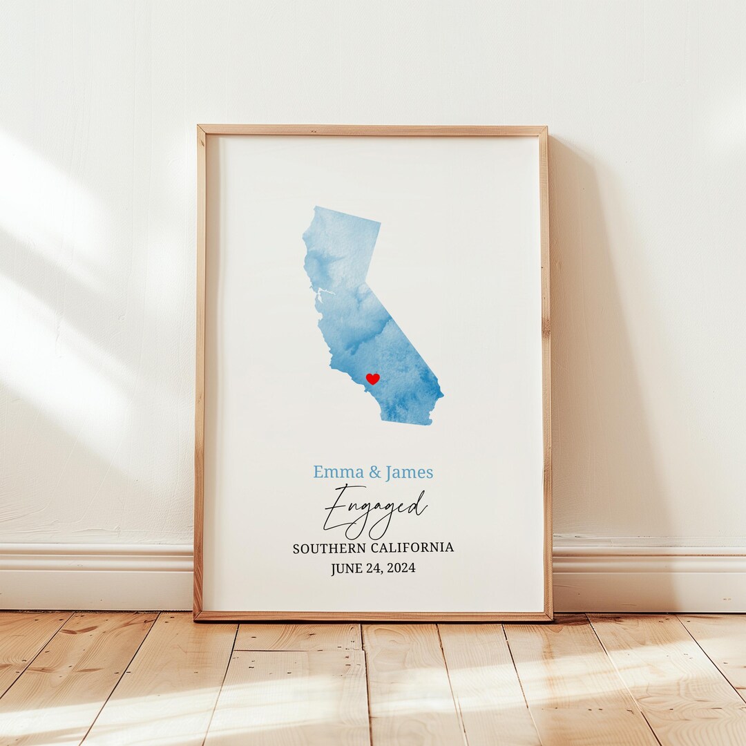 Engagement Map Print, Personalized Engagement Gift, Watercolor Wedding ...