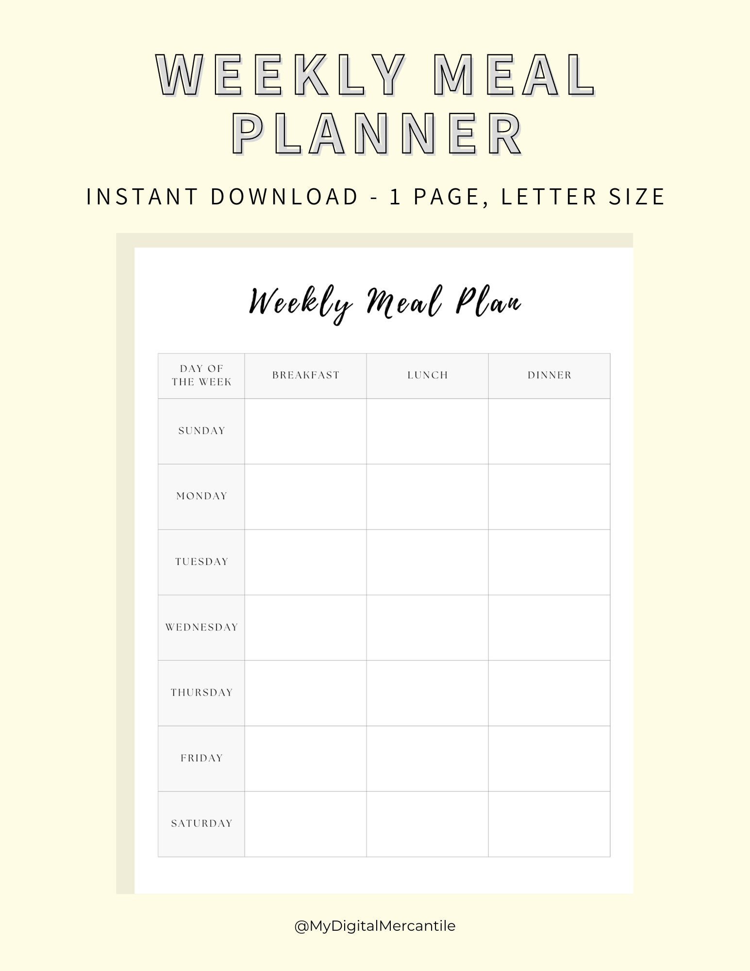 Weekly Meal Planner Printable PDF Letter Size Instant - Etsy