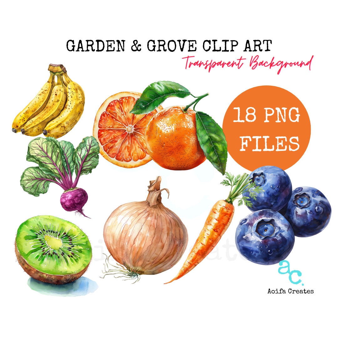 Garden & Grove Clipart Bundle Fruit and Veggies, Watercolor Clipart ...