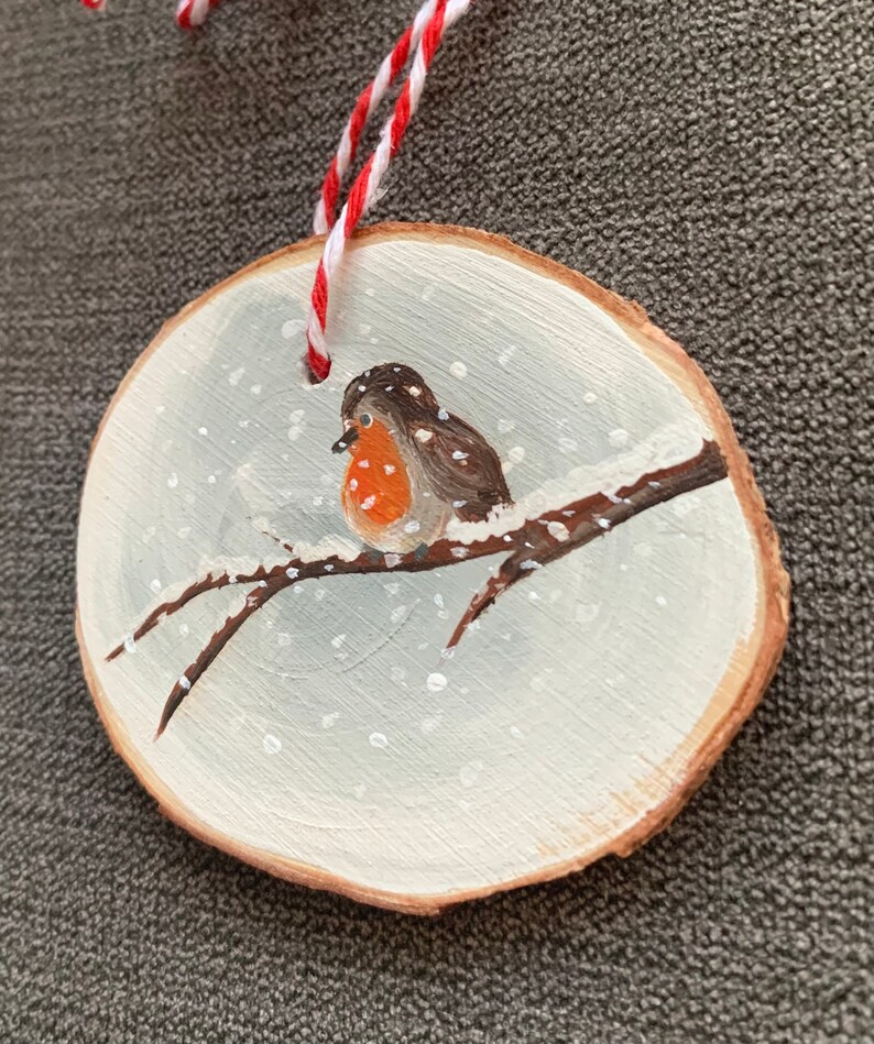Handpainted Log Slice Christmas Tree Decoration Winter Robin - Etsy