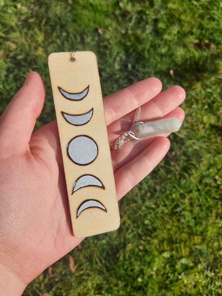 Moon Phases Bookmark / Chain Bookmark. Wooden Pyrography Silver Moon ...