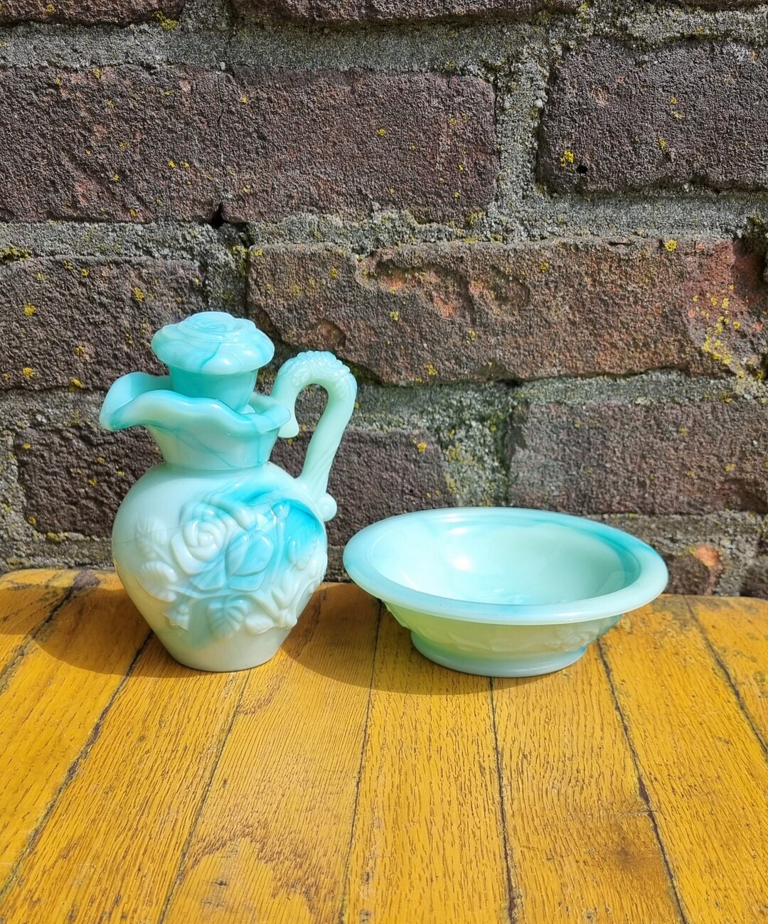 Seventies Green With Blue Swirl Milk Glass Bath Oil Jug (6 Fl Oz) and ...