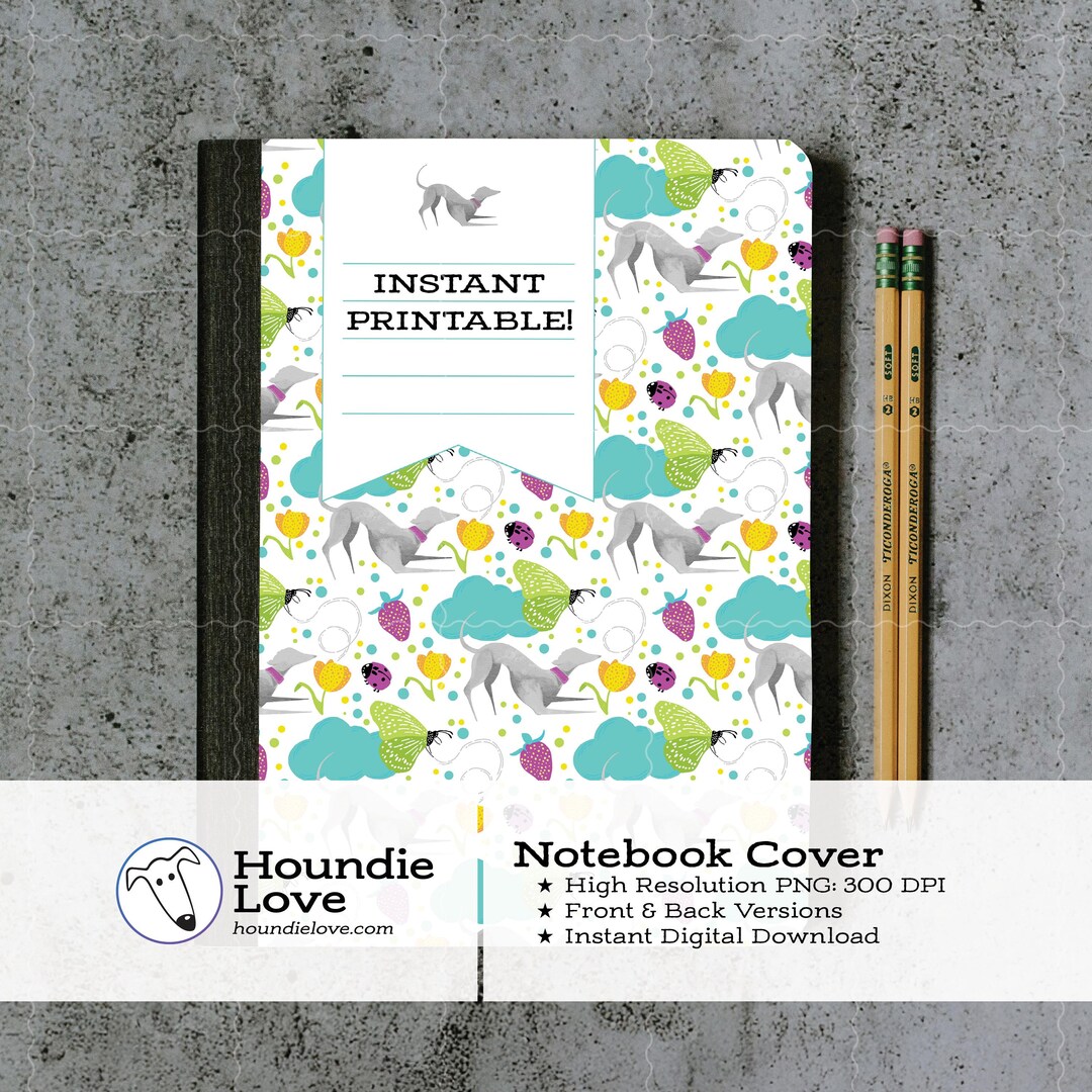 Printable Composition Notebook Cover PNG • Whimsical Greyhound in a ...