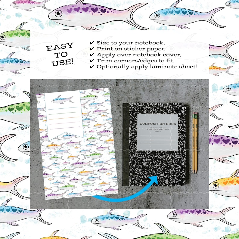 Printable Composition Notebook Cover PNG • Rainbow Sardine Hearts ...