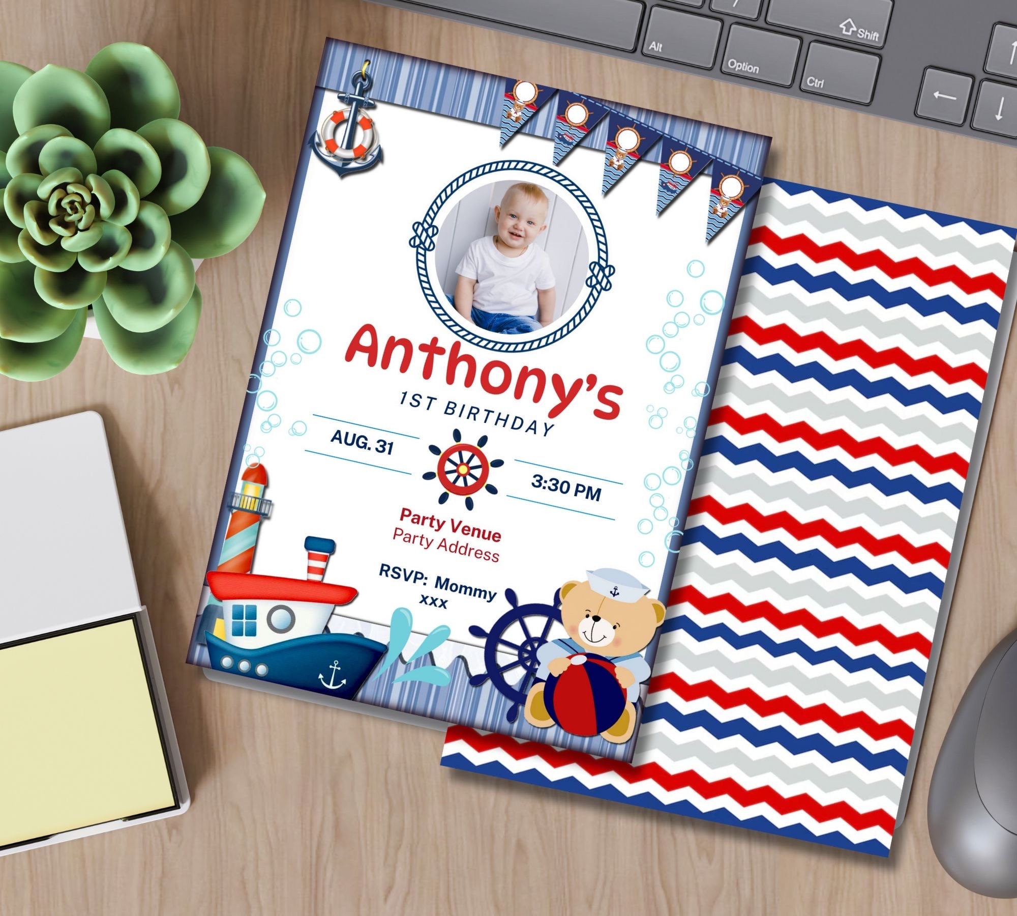 ON SALE Nautical Birthday Invitation W/ Back Design, 1st Birthday ...
