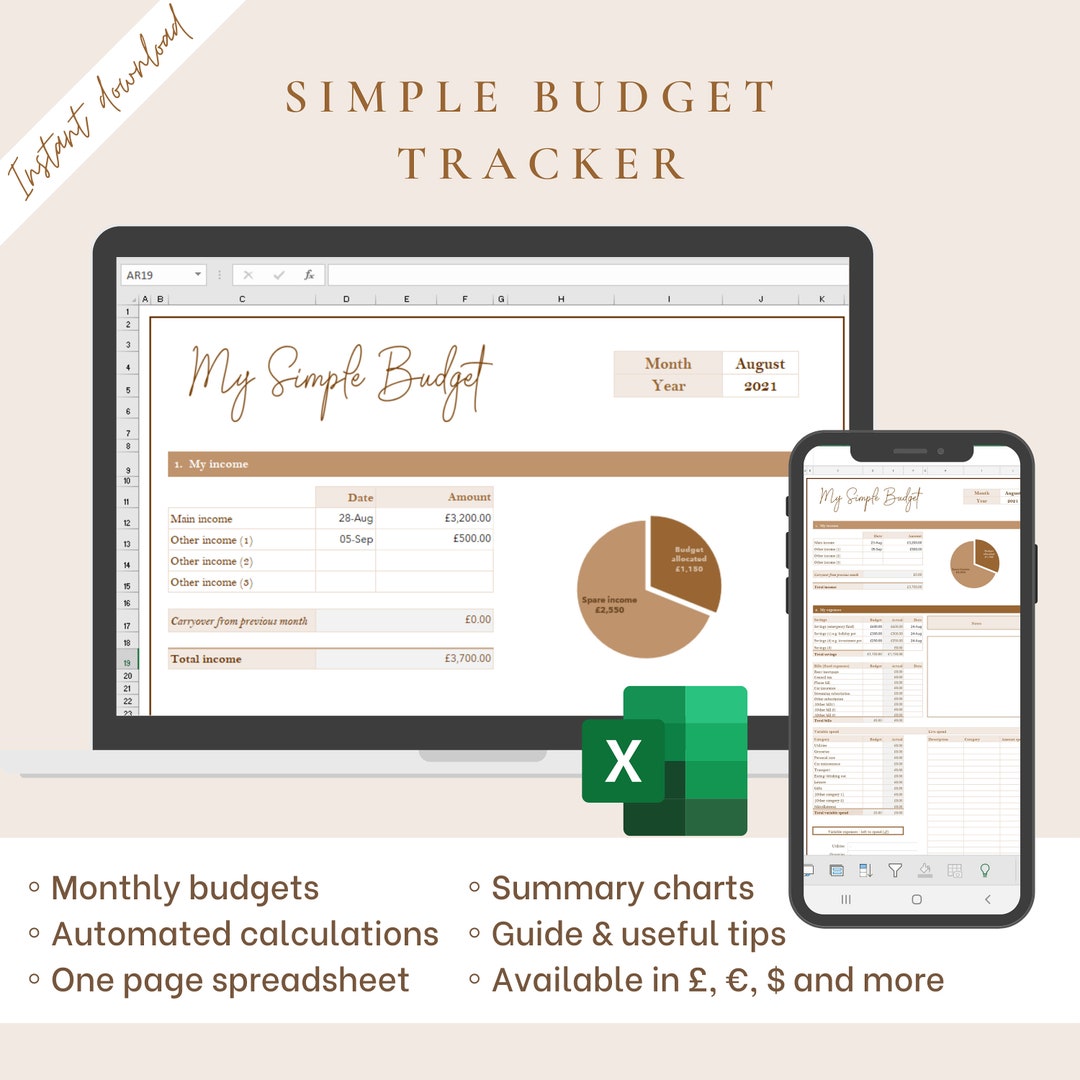 Simple Excel Budget Tracker | Automated Calculations | Digital Expenses ...