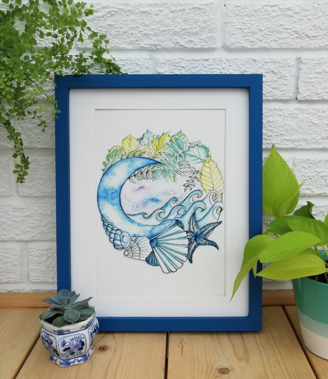 Crescent Moon Seashell Leaf Artwork Print, Wall Decor, Wall Art, Shells ...