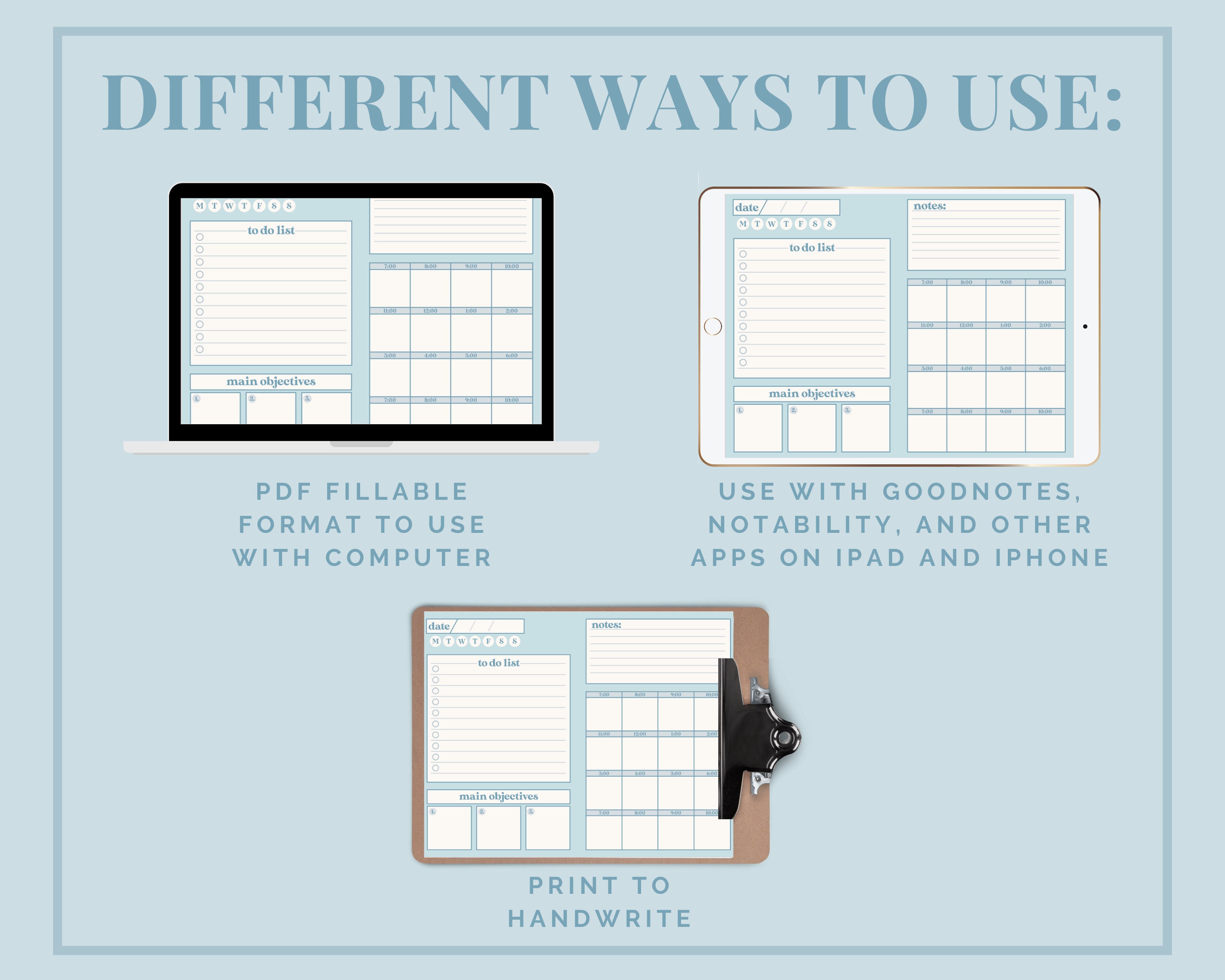 Daily Digital Planner baby Blue ADHD Planner, Time Blocking, to Do List ...