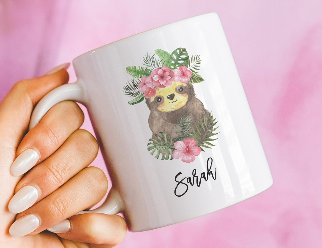 Personalized Name Cute Baby Sloth Gift Mug Pretty Flower Sloth Lover ...