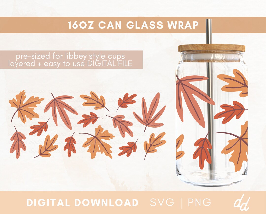 Fall Leaves 16oz Glass Can Cup Wrap SVG, Retro Autumn Vibes Svg ...