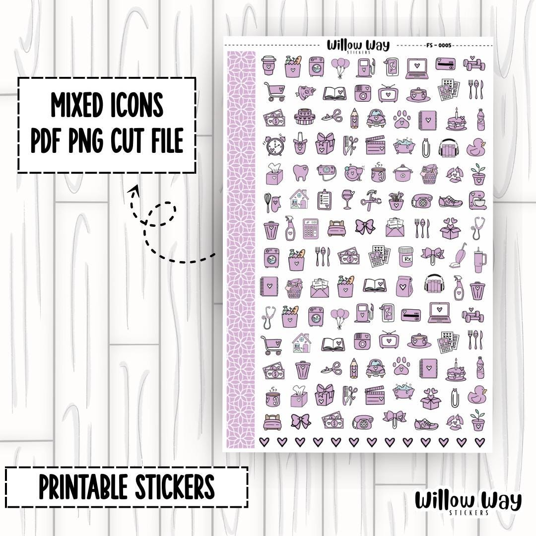 Printable Light Purple Icon Planner Stickers, PDF PNG and Cut Files ...