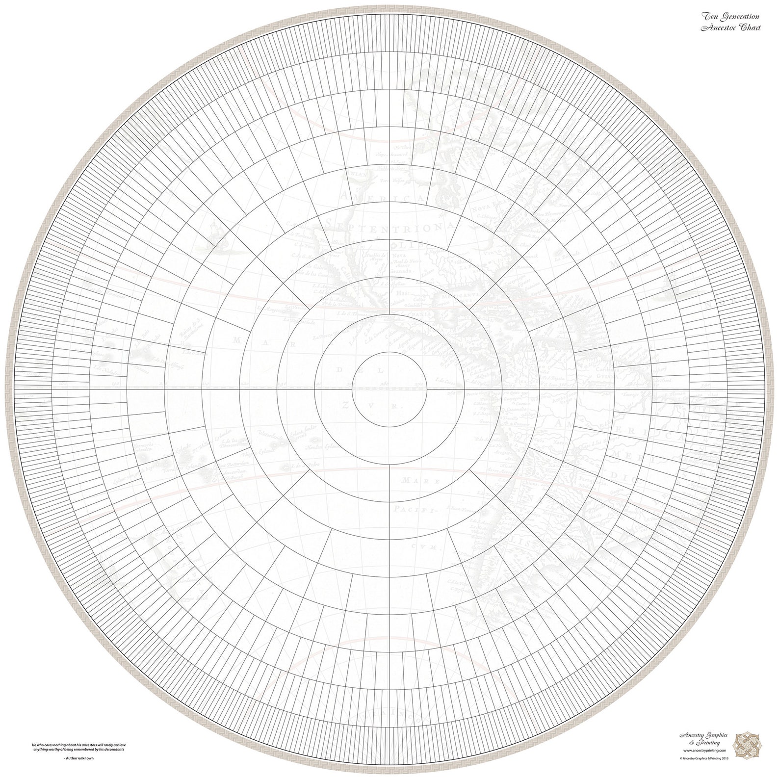 10 Generation Blank Genealogy Fan Chart With Muted Map of the Western ...