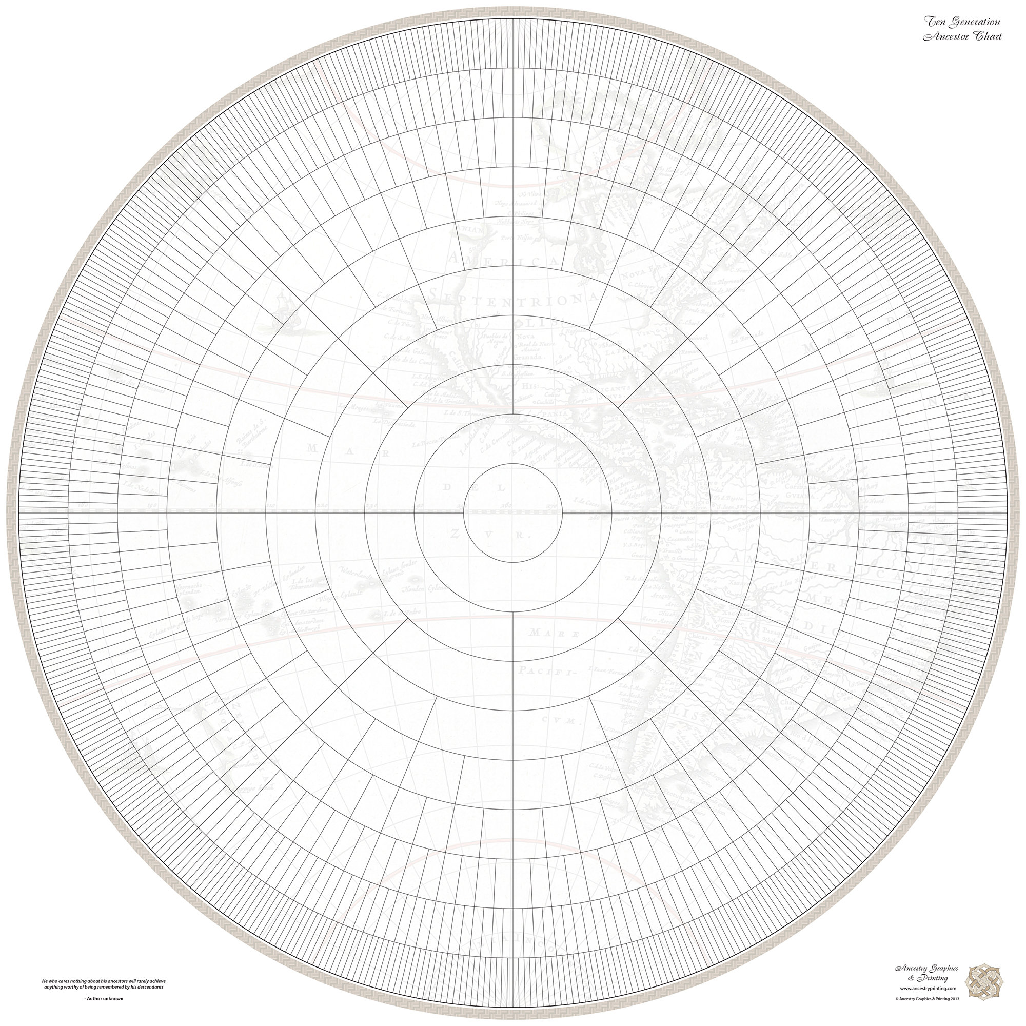 10 Generation Blank Genealogy Fan Chart With Muted Map of the Western ...