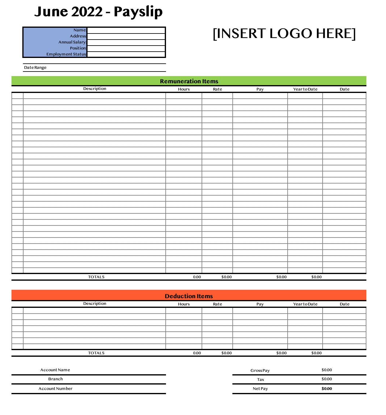 Payroll Template, Paystub Spreadsheet, Printable and Editable, Excel ...
