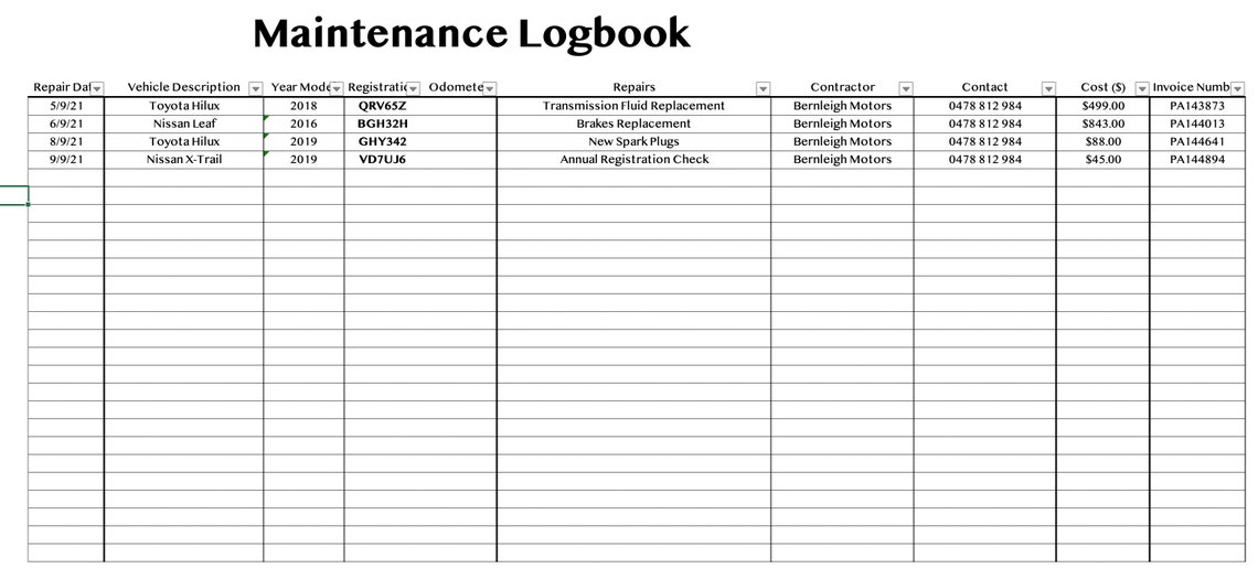 Driver Logbook for Excel, Time and Mileage Tracking, Maintenance Record ...