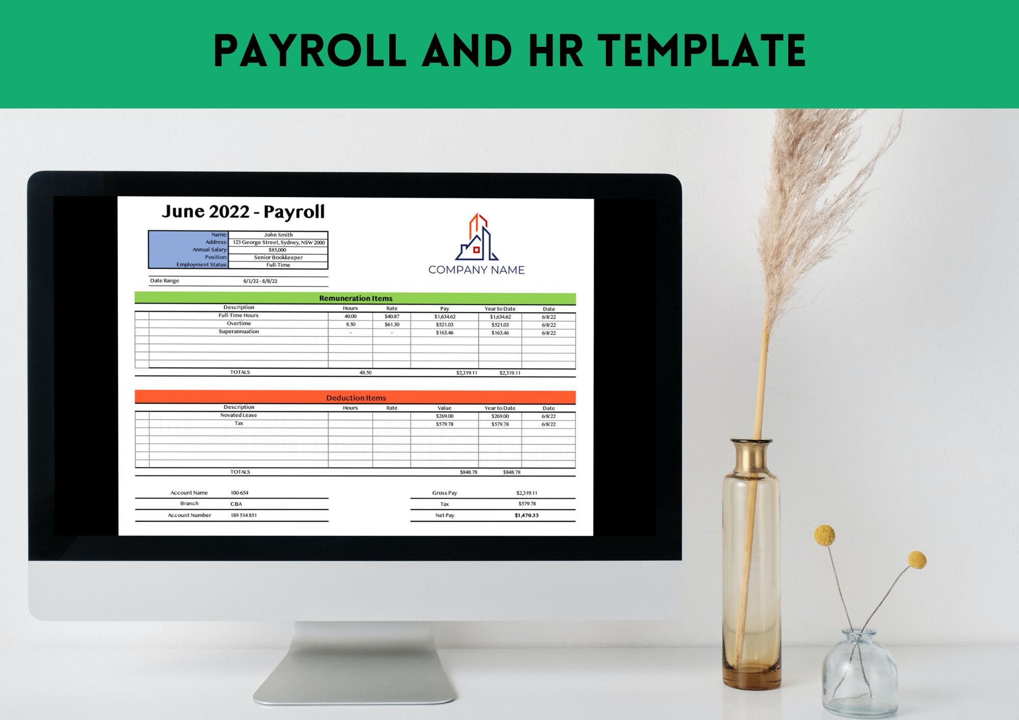 Payroll Template for Excel, Paycheck Stub Maker, Paystub Spreadsheet ...