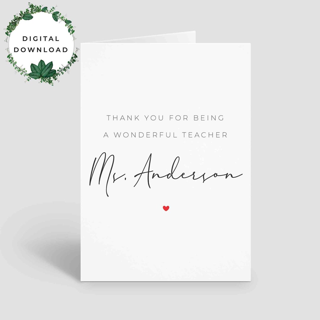 Printable Teacher Thank You Card, Custom Digital Teacher Card, Teacher ...