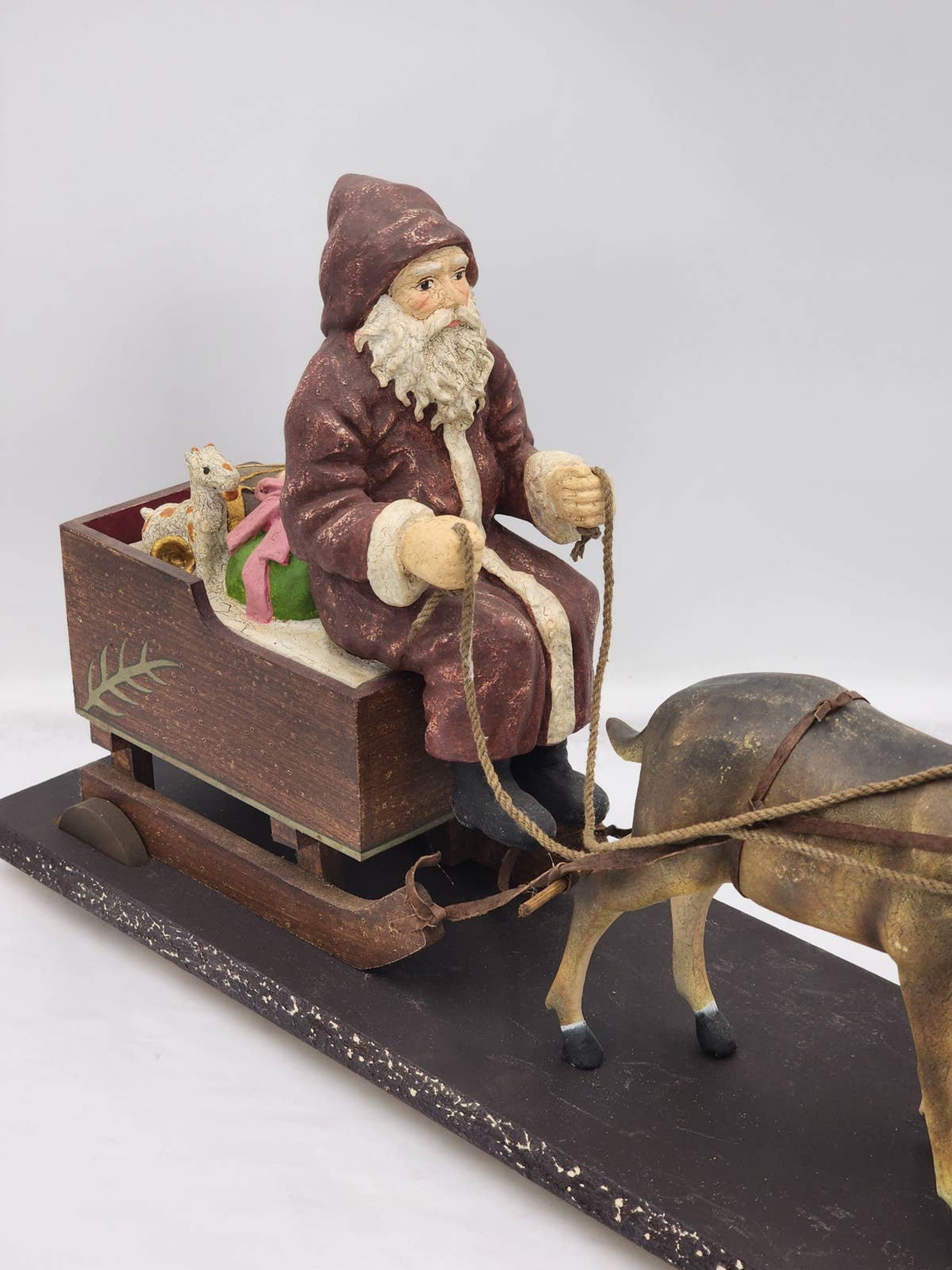 Large Santa Sleigh Reindeer Wood Wheeled Platform Christmas Holiday ...