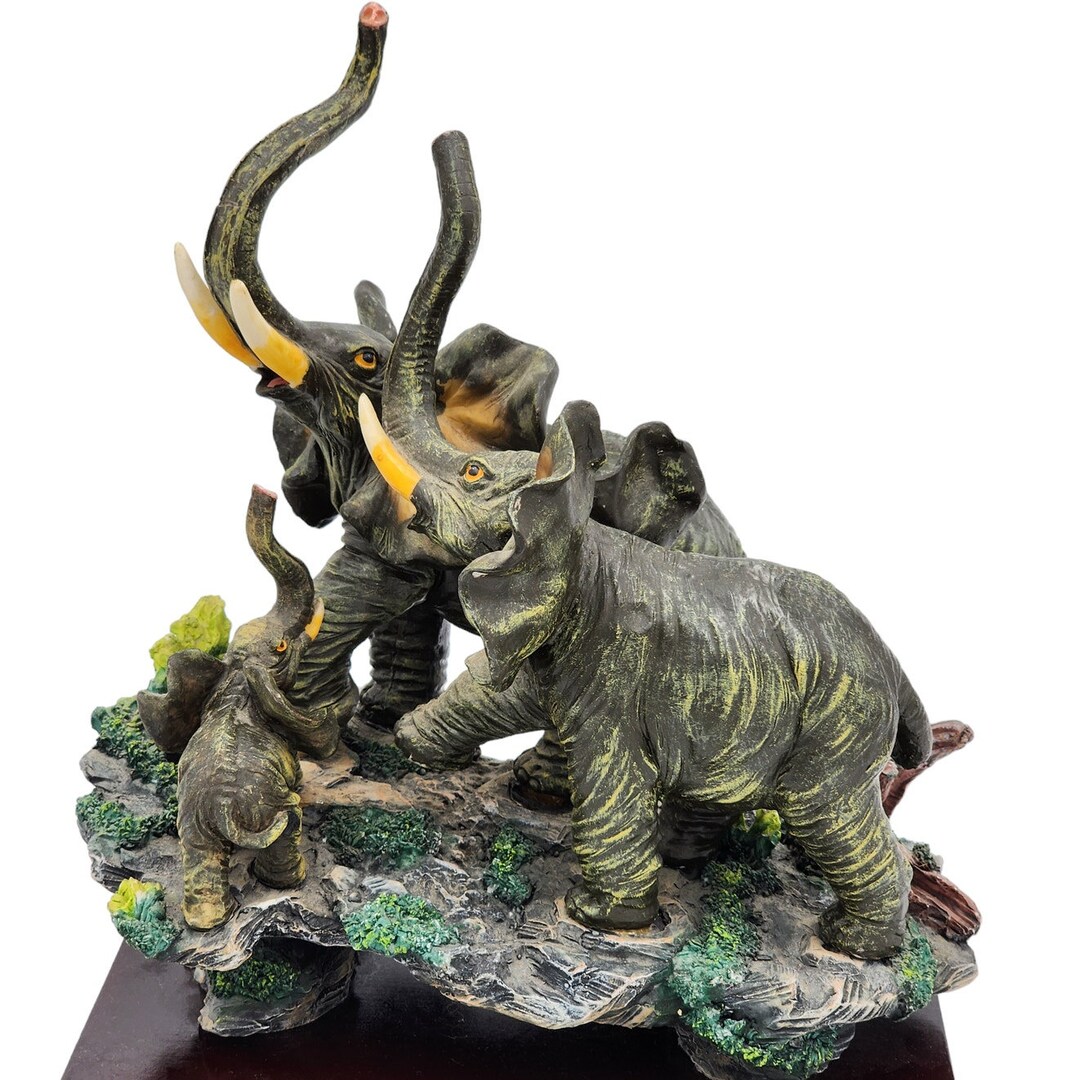 Elephant Statue Trunk up Family Figurine Wooden Base Wildlife Safari ...