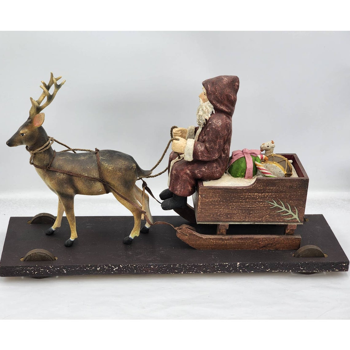 Large Santa Sleigh Reindeer Wood Wheeled Platform Christmas Holiday ...