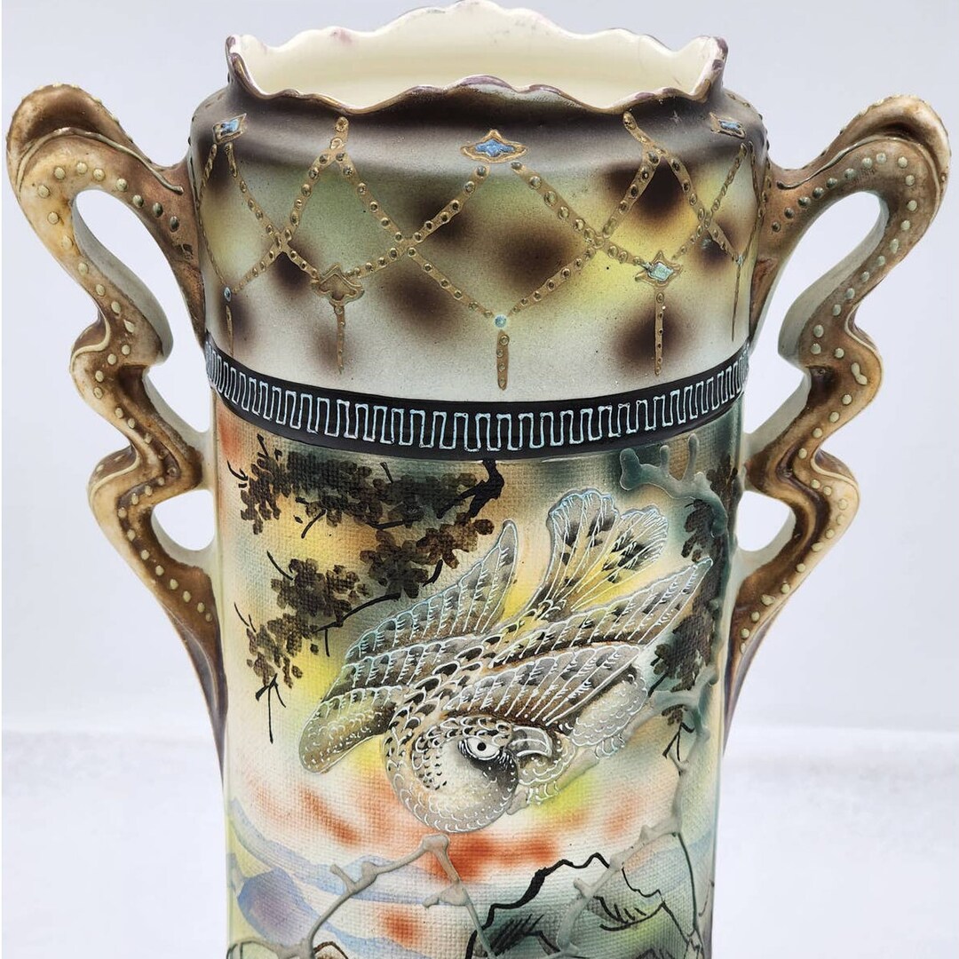 Antique Royal Nishiki Nippon Tapestry Moriage Beading Hawk Bird Double ...