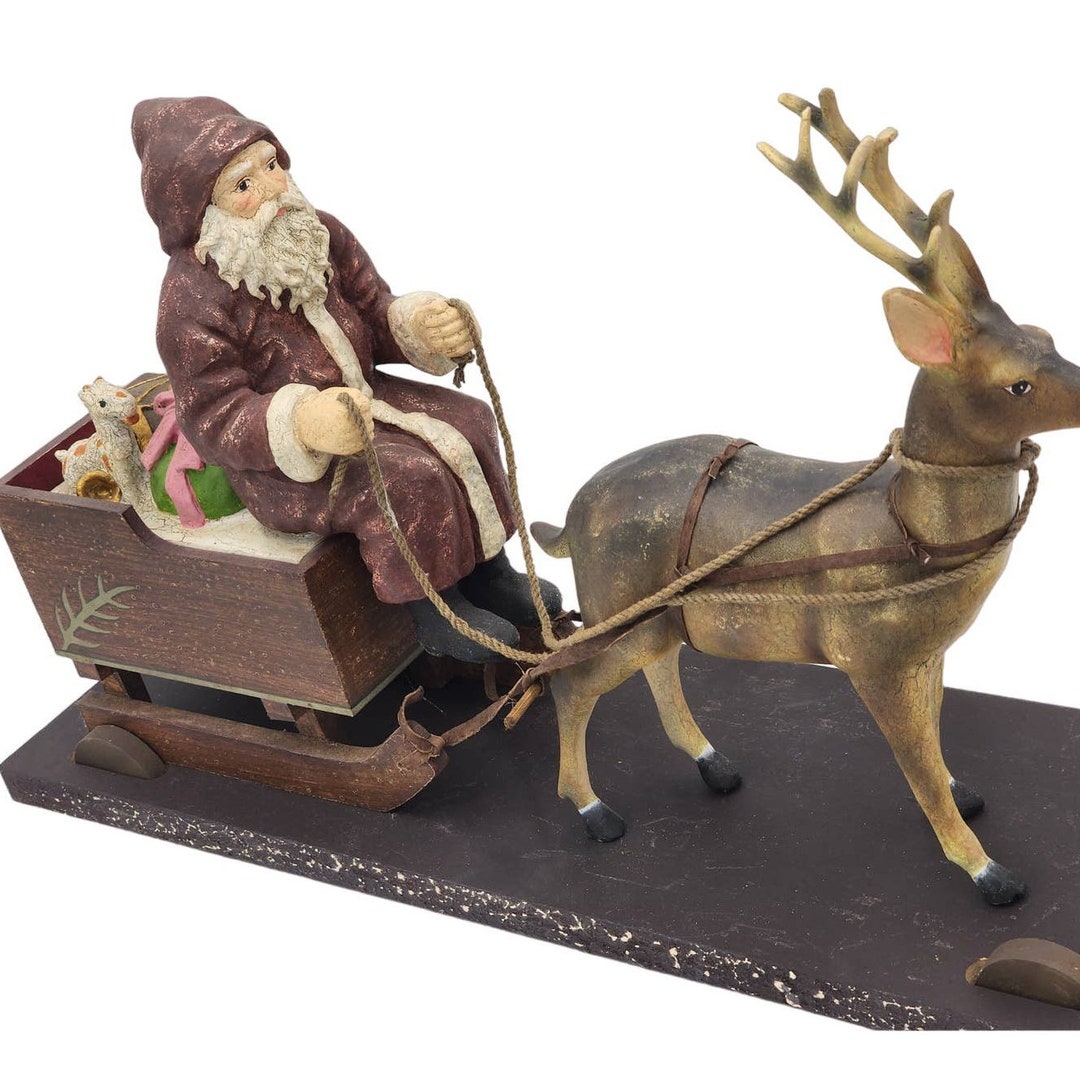 Large Santa Sleigh Reindeer Wood Wheeled Platform Christmas Holiday ...