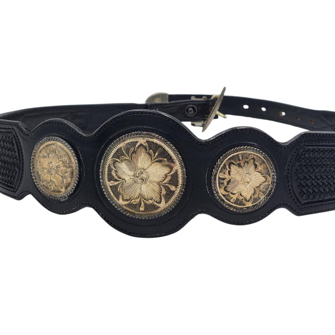 Vogt Belt Hand Tooled Steerhide Leather Sterling Silver Front Buckle ...