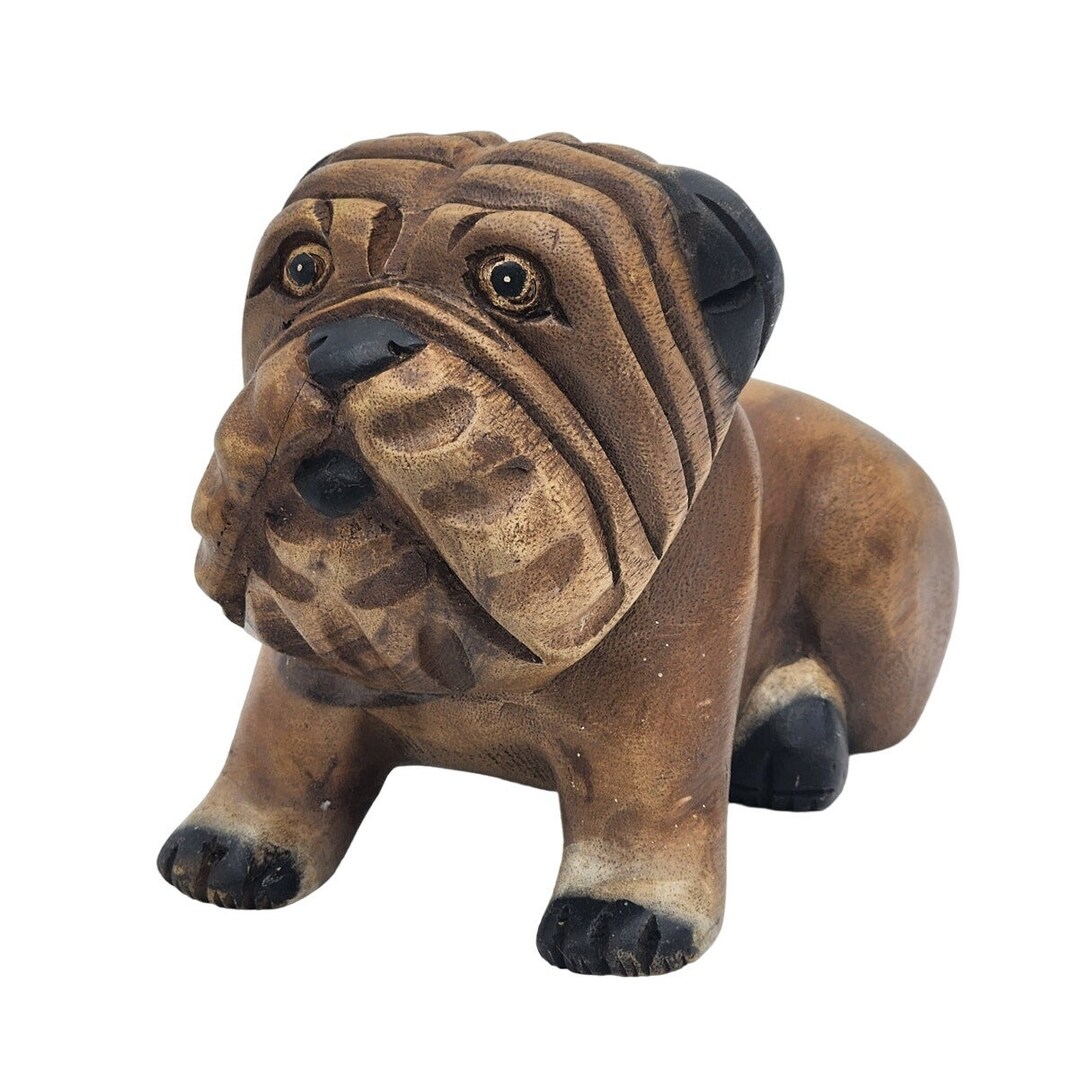 Vintage Bulldog Statue Carved Wooden Dog Figurine Farmhouse Animal Gift ...