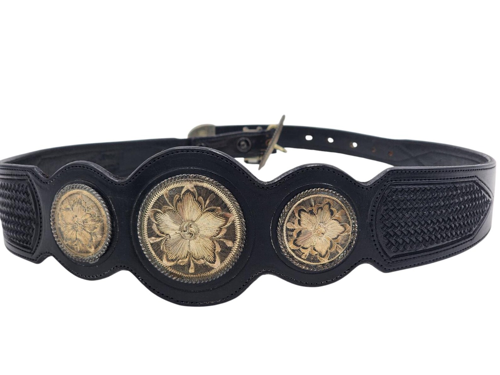 Vogt Belt Hand Tooled Steerhide Leather Sterling Silver Front Buckle ...