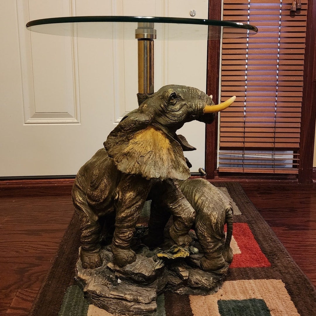 Vintage Elephant Glass Top Table Animal Wildlife Figurine Base ...