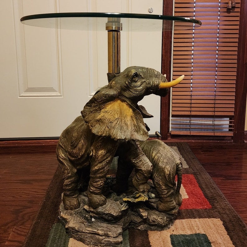 Vintage Elephant Glass Top Table Animal Wildlife Figurine Base ...