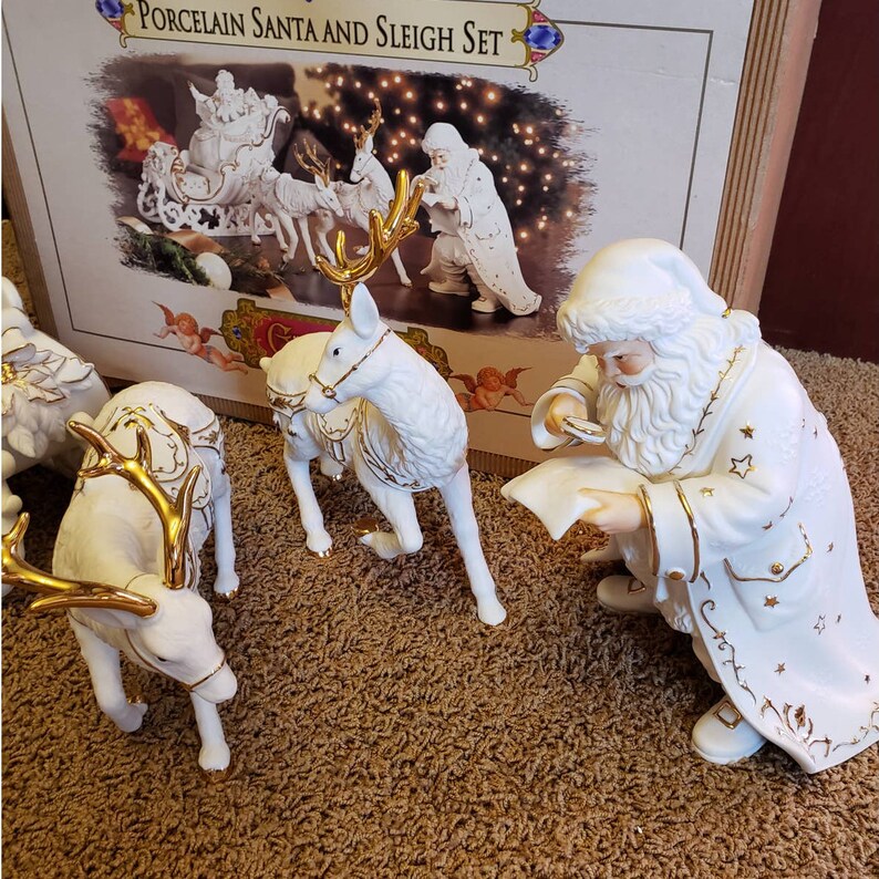 Vintage Grandeur Noel Porcelain Santa and Sleigh Set Reindeer - Etsy