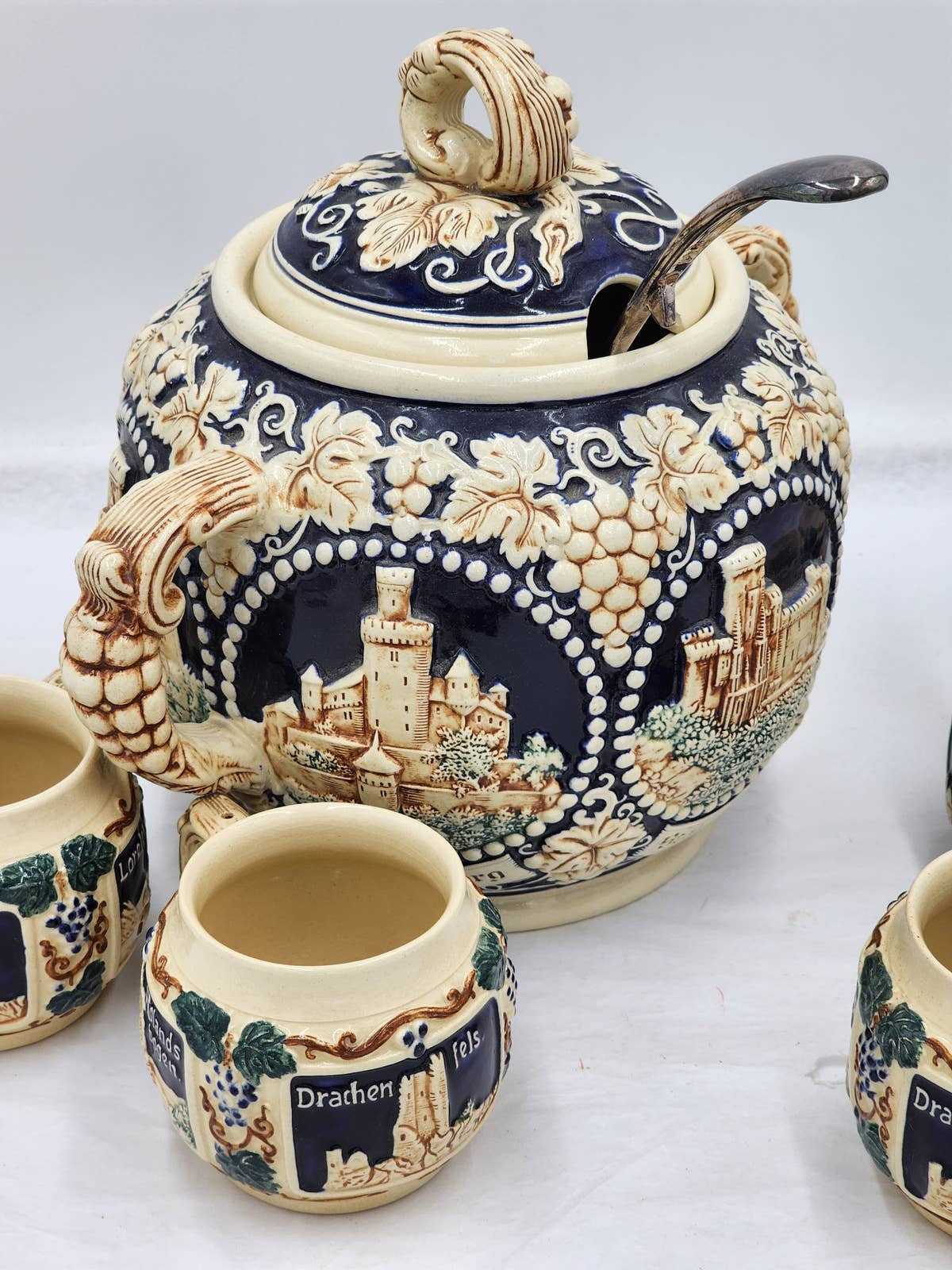 German Castle Punch Bowl Gerz 8 Pc Set Tureen Cups Mugs Set 6 Ladle ...