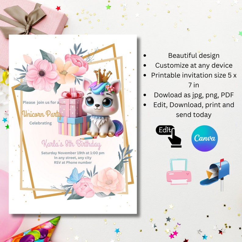 Editable Floral Unicorn Invitation Template, Floral and Unicorn Themed ...