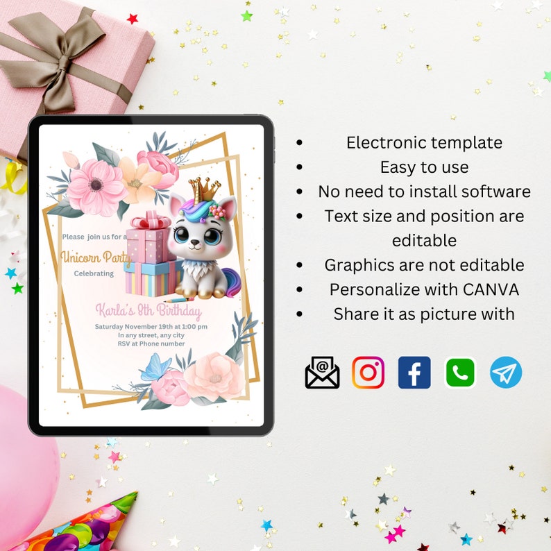 Editable Floral Unicorn Invitation Template, Floral and Unicorn Themed ...