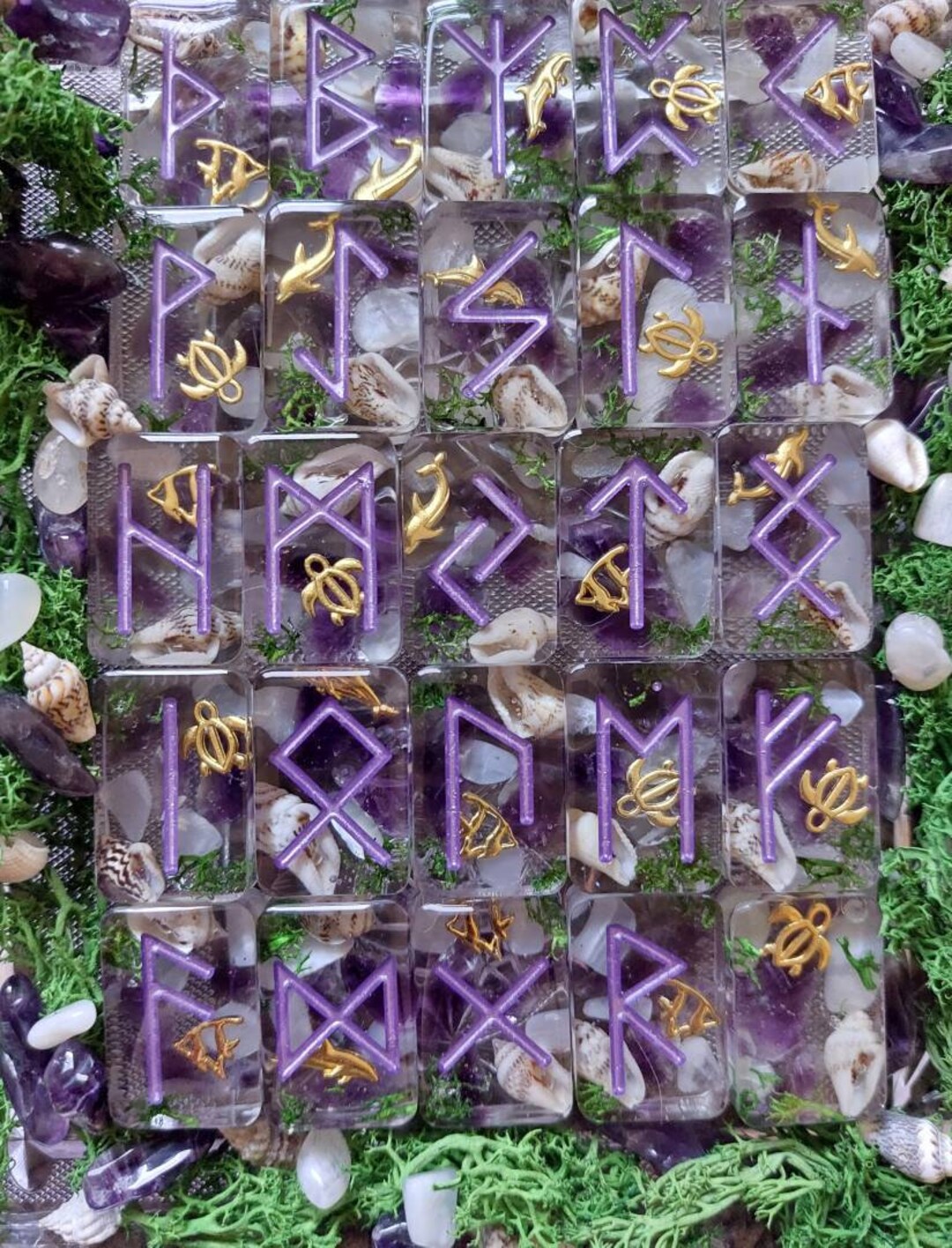 Ocean Theme Amethyst and White Moonstone Crystal Rune Set With - Etsy