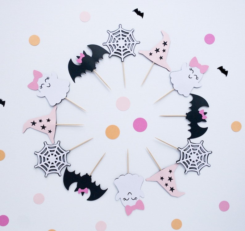 Spooky Halloween Cupcake Toppers: Ghost, Bat, Witch Hat, Spiderweb - Etsy