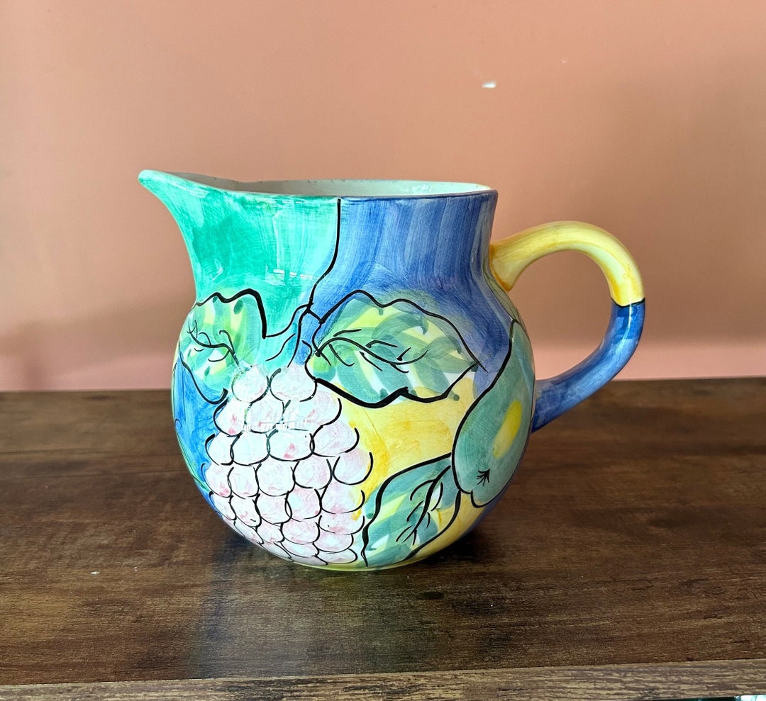 Bella Casa Ganz Ceramic Pitcher/jug With Fruit Theme Outlined in Black ...