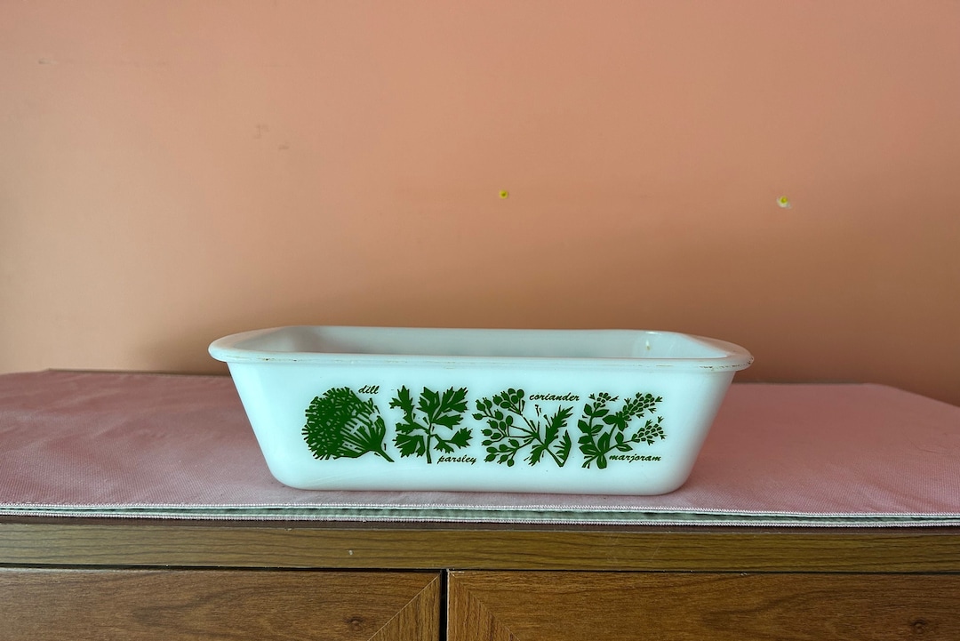 Vintage Glasbake Milkglass Baking Loaf Dish With Green Herb Pattern ...
