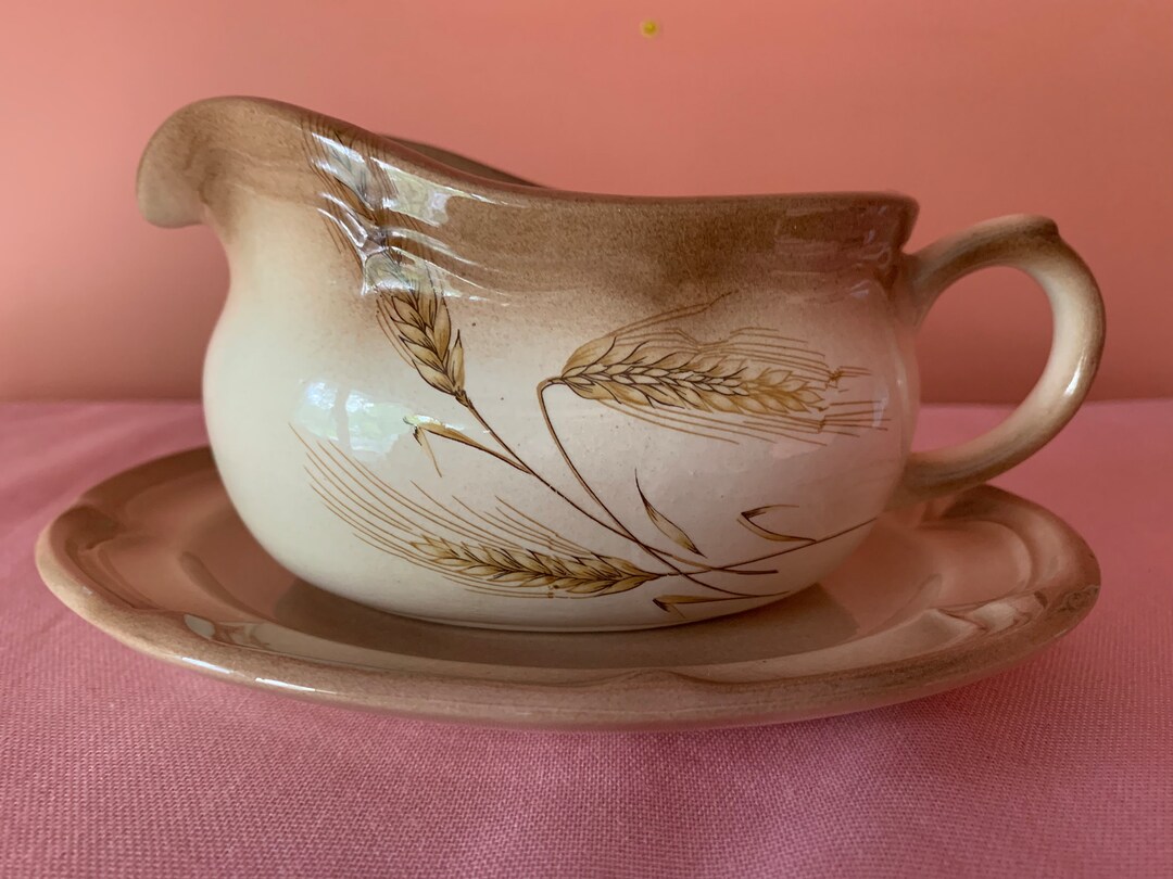 Vintage Brown/beige Gravy Boat/saucer With Wheat Pattern Oval Shape ...