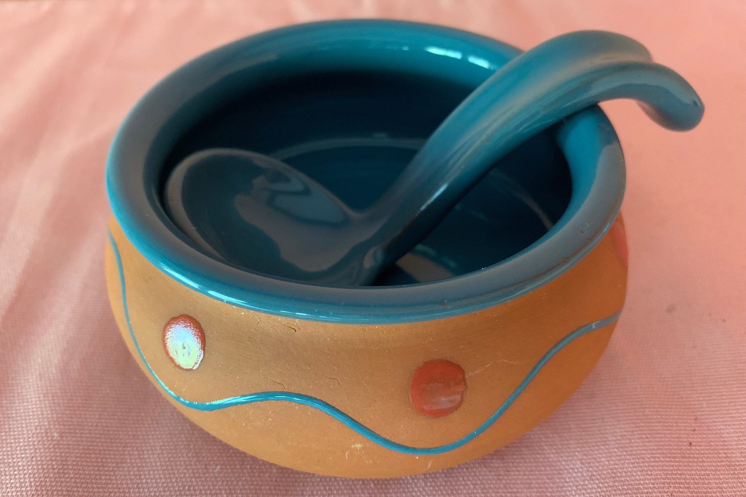 Terracotta With Blue Interior Salsa Bowl With Ladle Mexican - Etsy