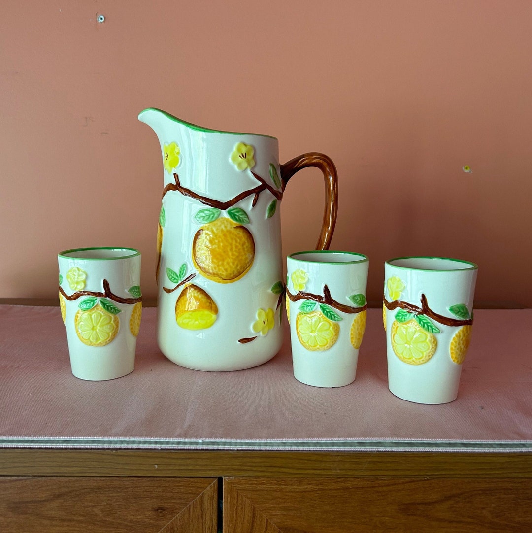 Vintage Ceramic Lemonade Themed Pitcher/jug With 3 Matching Cups Made ...