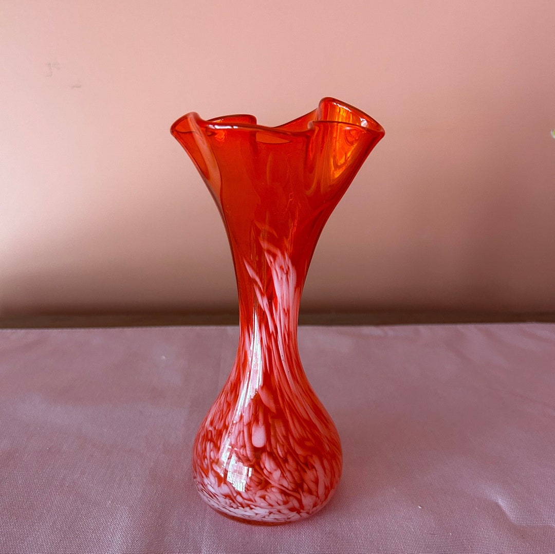 Vintage Red Vase With White Swirl Design/ruffled Edge Art Glass ...