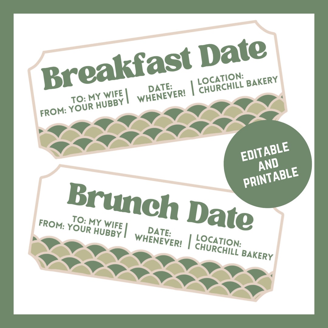 Breakfast Date Coupon Brunch Date Voucher Gift Card INSTANT DOWNLOAD ...