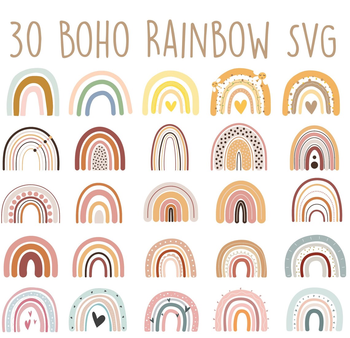 30 Boho Rainbow Svg Bundle, Cute Rainbow Svg, Boho Rainbow Clipart ...