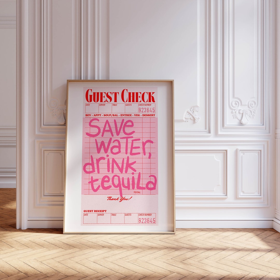 Guest Check Wall Art Dorm Room Decor Aesthetic Bar Cart Art Print, Pink ...