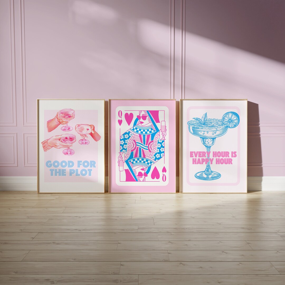 Blue Wall Art With Hot Pink Triptych Wall Art Set of 3 Piece Wall Art ...
