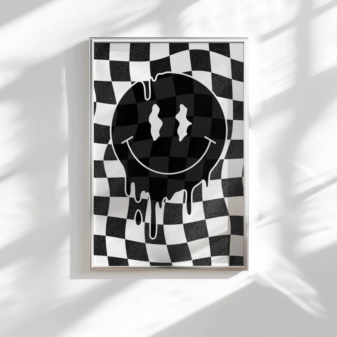 Melting Smiley Face Black and White Wall Art Prints Trendy Neutral ...
