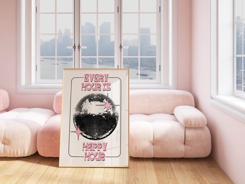 Happy Hour Bar Cart Sign Disco Art Print Funky Decor, Preppy Wall Art ...