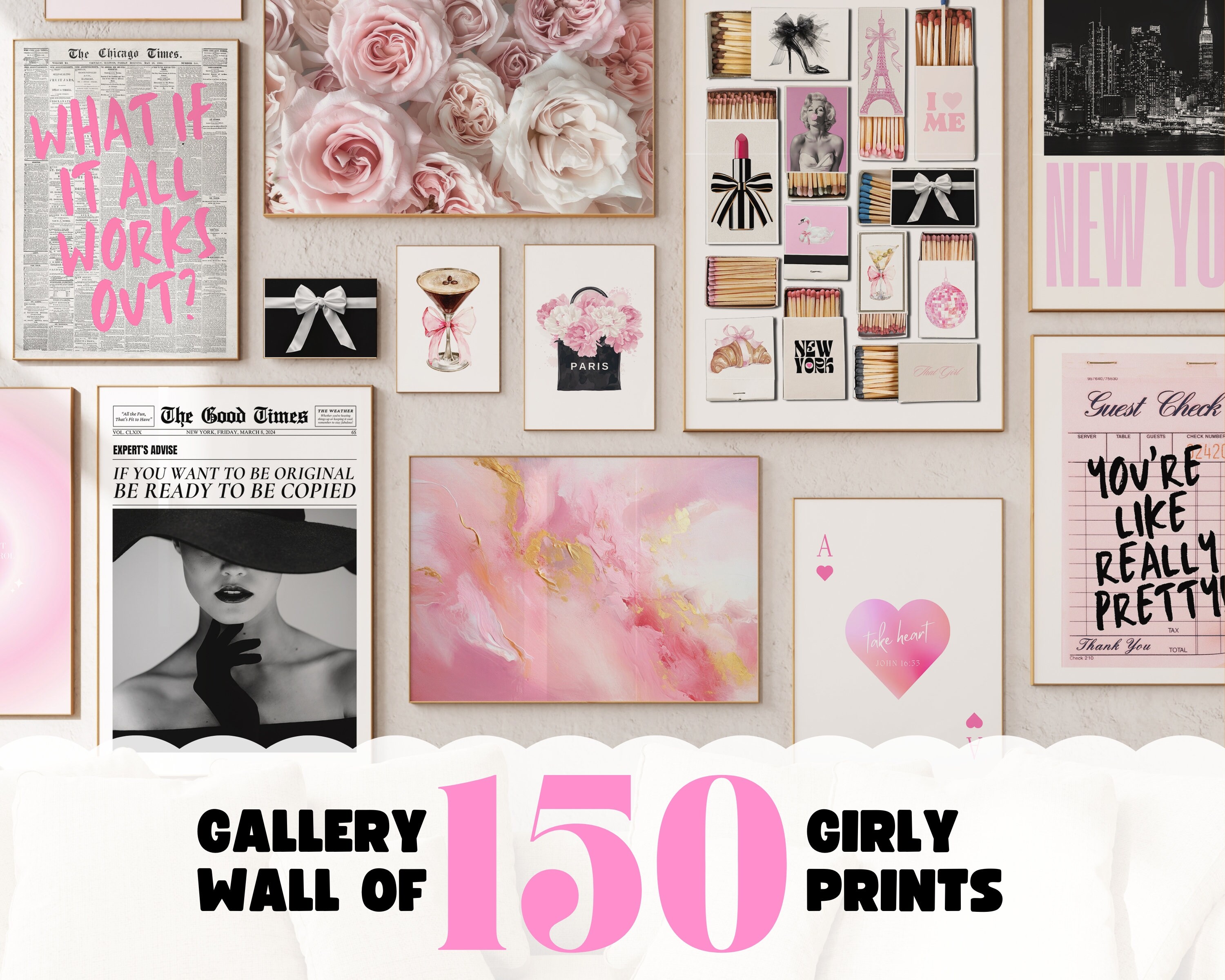 Pink Gallery Wall Set of 150 Girly Wall Art Trendy Prints, Pink Posters ...